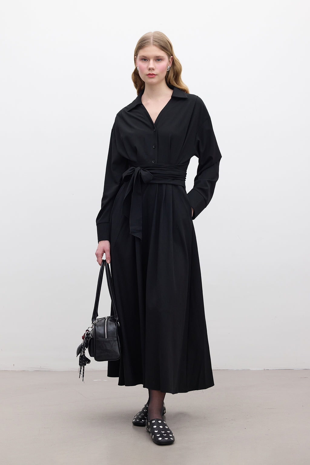 Pleated Belted Dress Black – Manuka